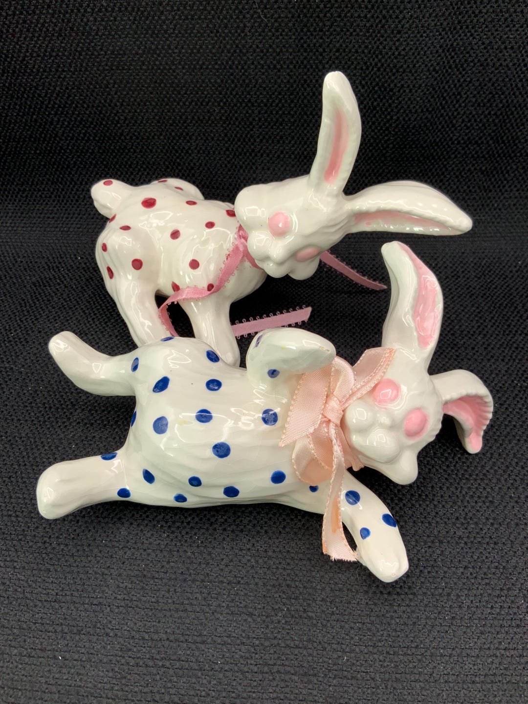 Vintage Ceramic Bunny Figurine Set: Polka Dot Easter Decor, Handpainted ...