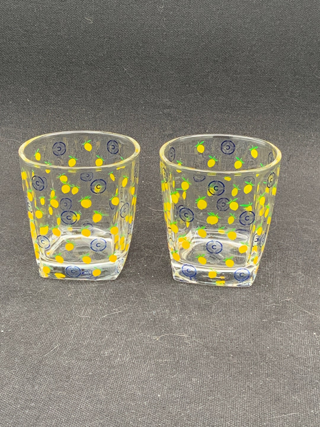 Vintage Lemon Glasses Lowball Set, Lemon Pattern Drinkware, Retro ...