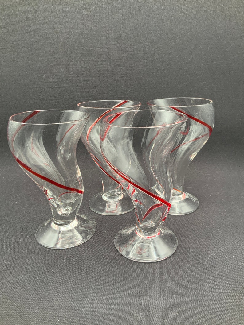 Unique Set of 4 Red Swirline Parfait Glasses, Elegant Glass Dessert ...