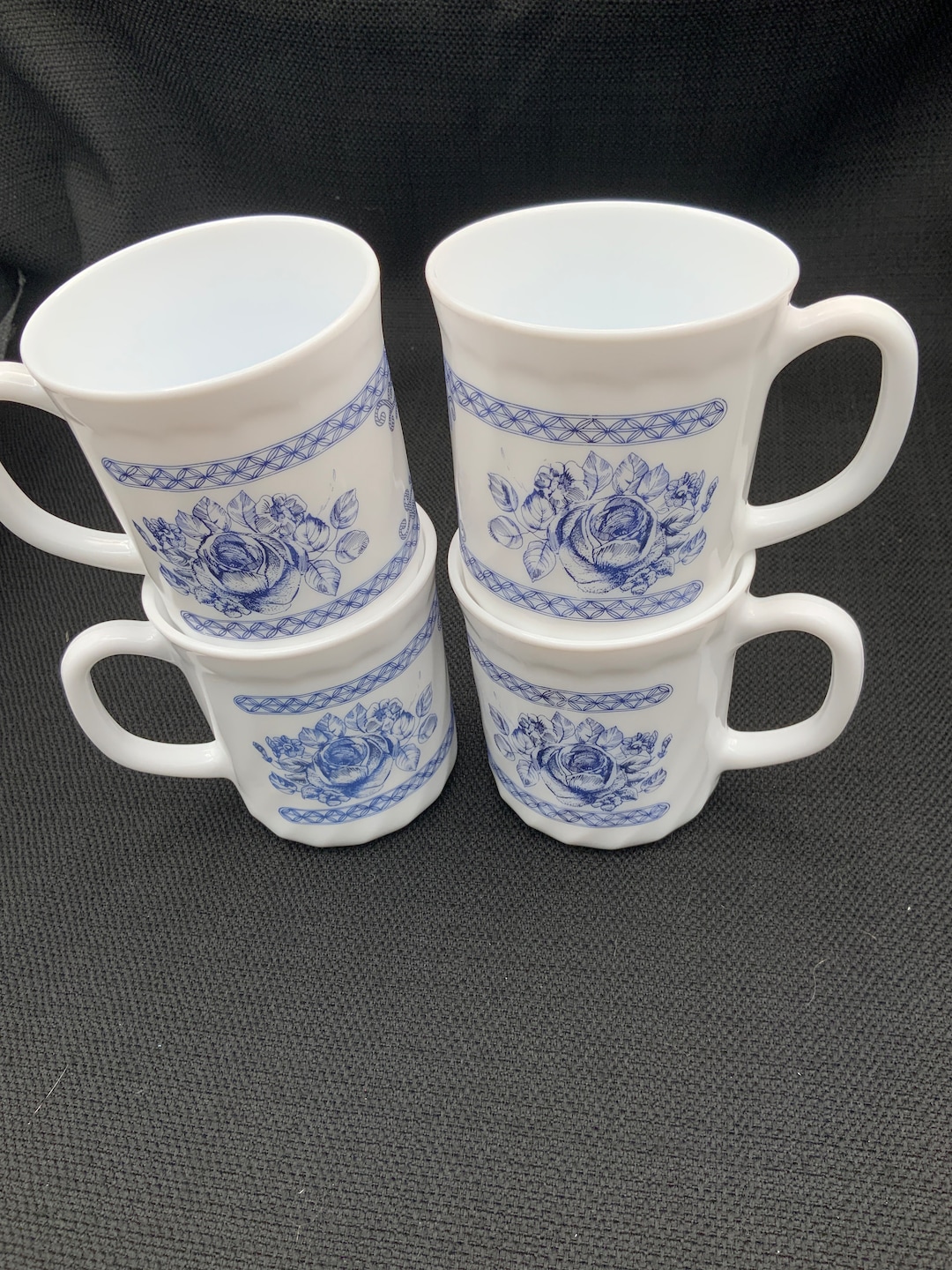 Set of Four Milk Glass Mugs Arcopal France Blue and White Floral Mugs ...