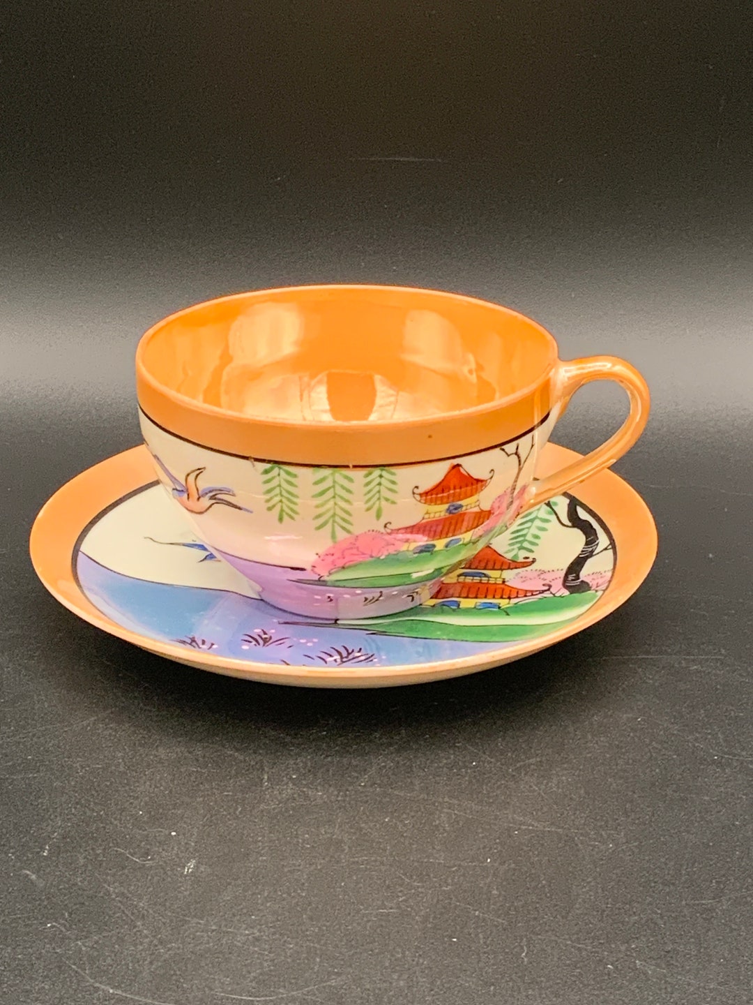 Vintage Japanese Lusterware Tea Cups and Saucers, Hand Painted, Gold ...