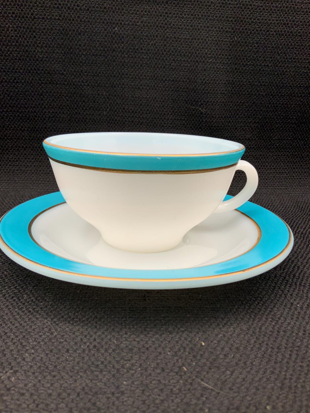 Vintage Pyrex Aqua Blue Cup and Saucer: Gold Rim Collectible, Vintage ...