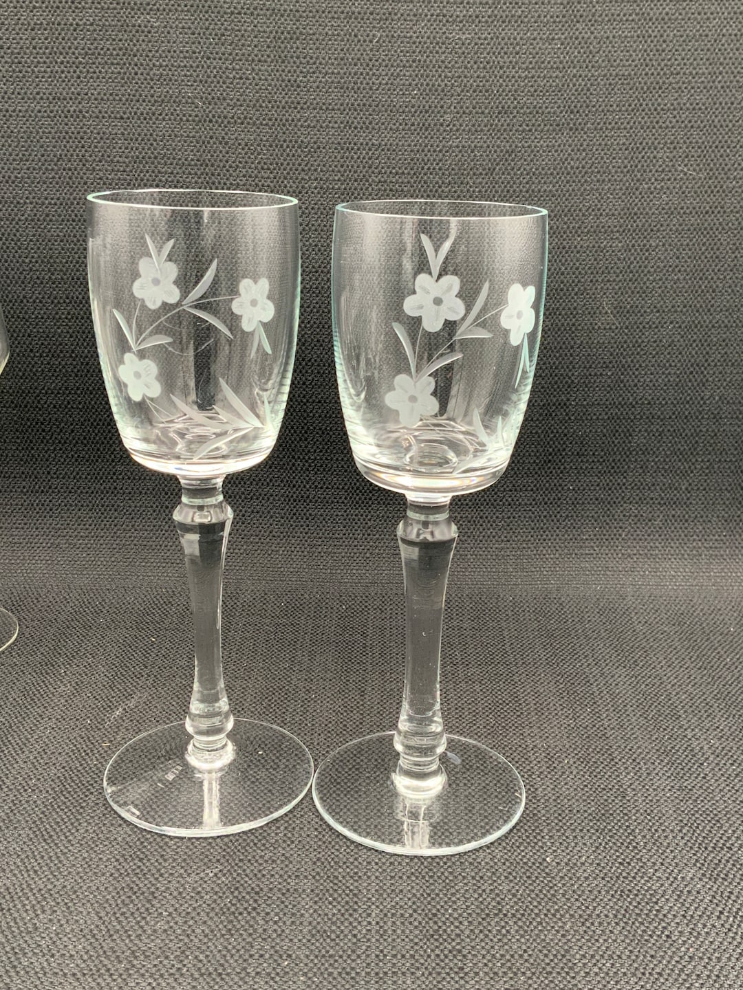 Vintage Etched Floral Crystal Wine Goblets, Set of Two, Glassware Pair ...