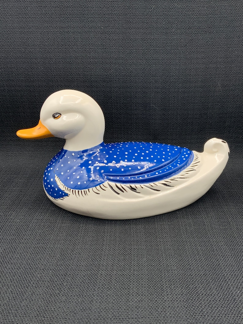 Vintage Blue Stipple & White Large Ceramic Pottery Indoor Duck Planter ...