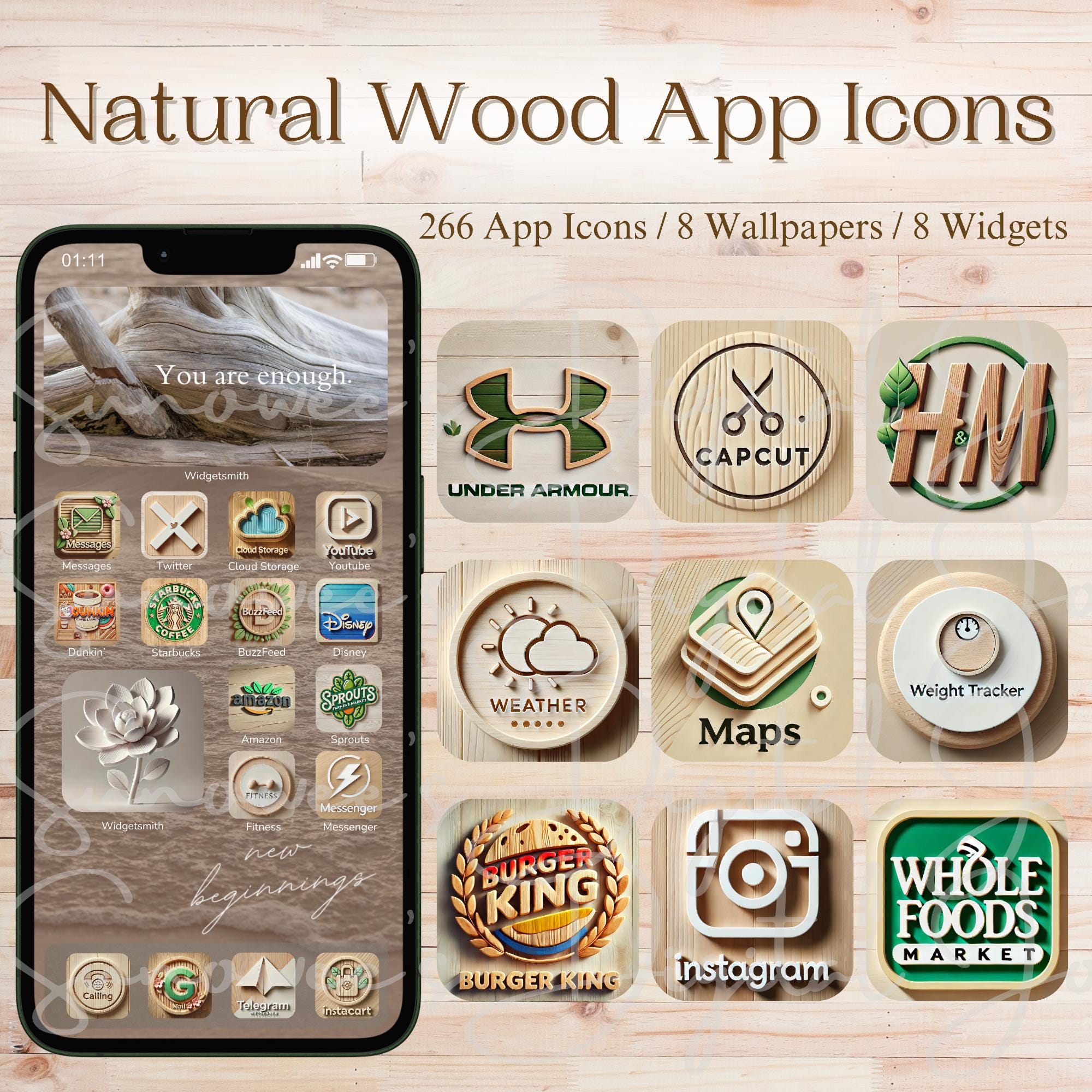 Natural Wood App Icons for iPhone and Android, Aesthetic Nature Theme ...