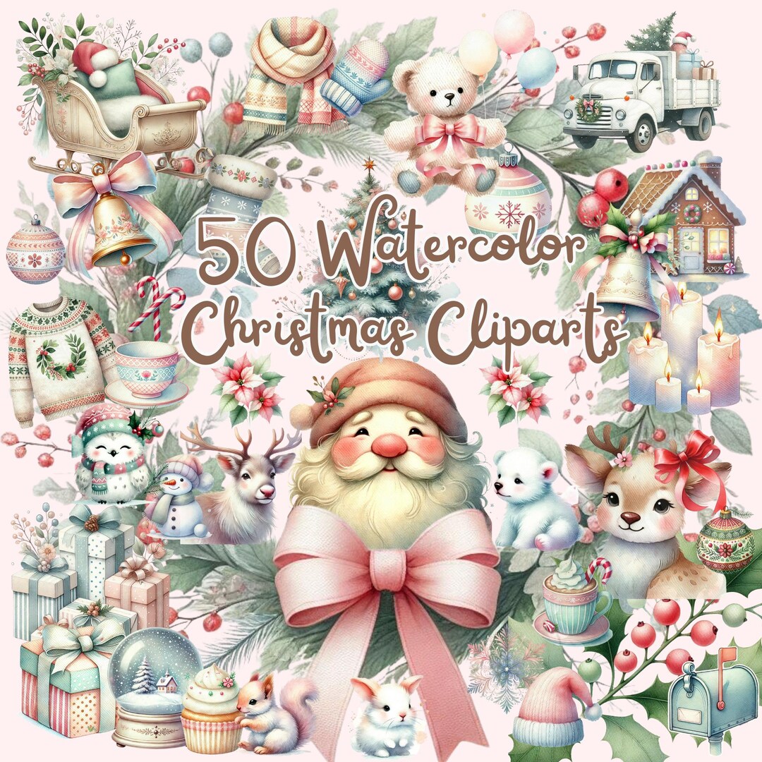 Watercolor Christmas Clipart, Holiday Clip Art Bundle, Sweet Christmas ...