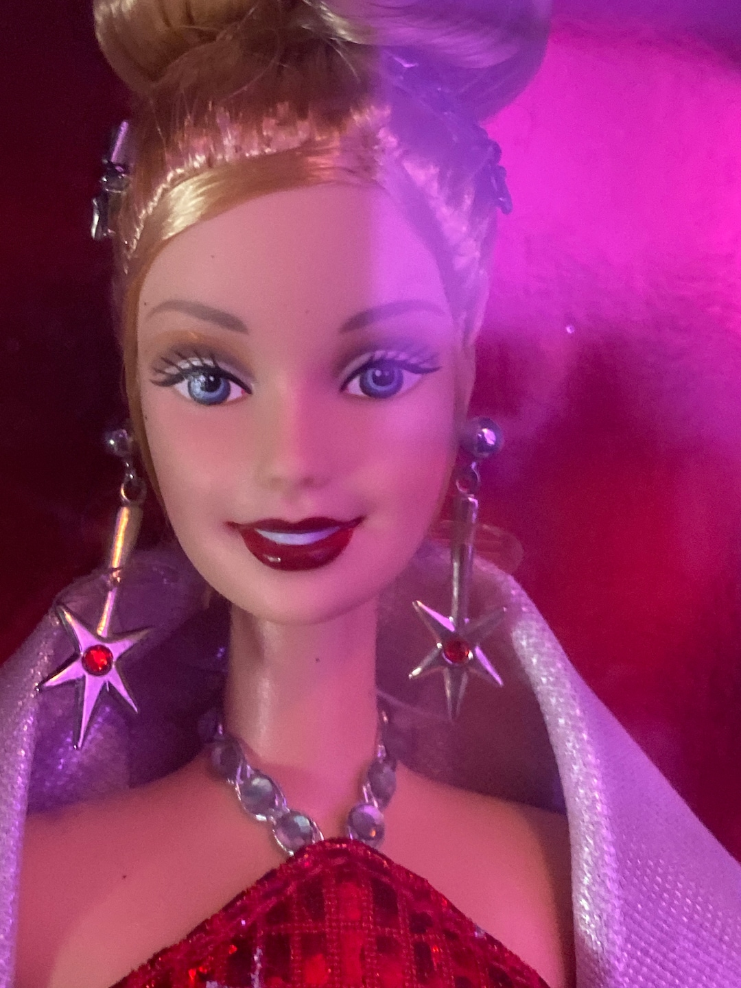 Barbie 2000 Red Sequin Gown Red and White Wrap. Star Earrings - Etsy