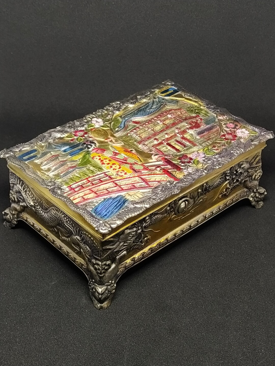 Antique Japanese Music Box, Geisha, Dragons, Pagoda, Metal, Early 20th ...