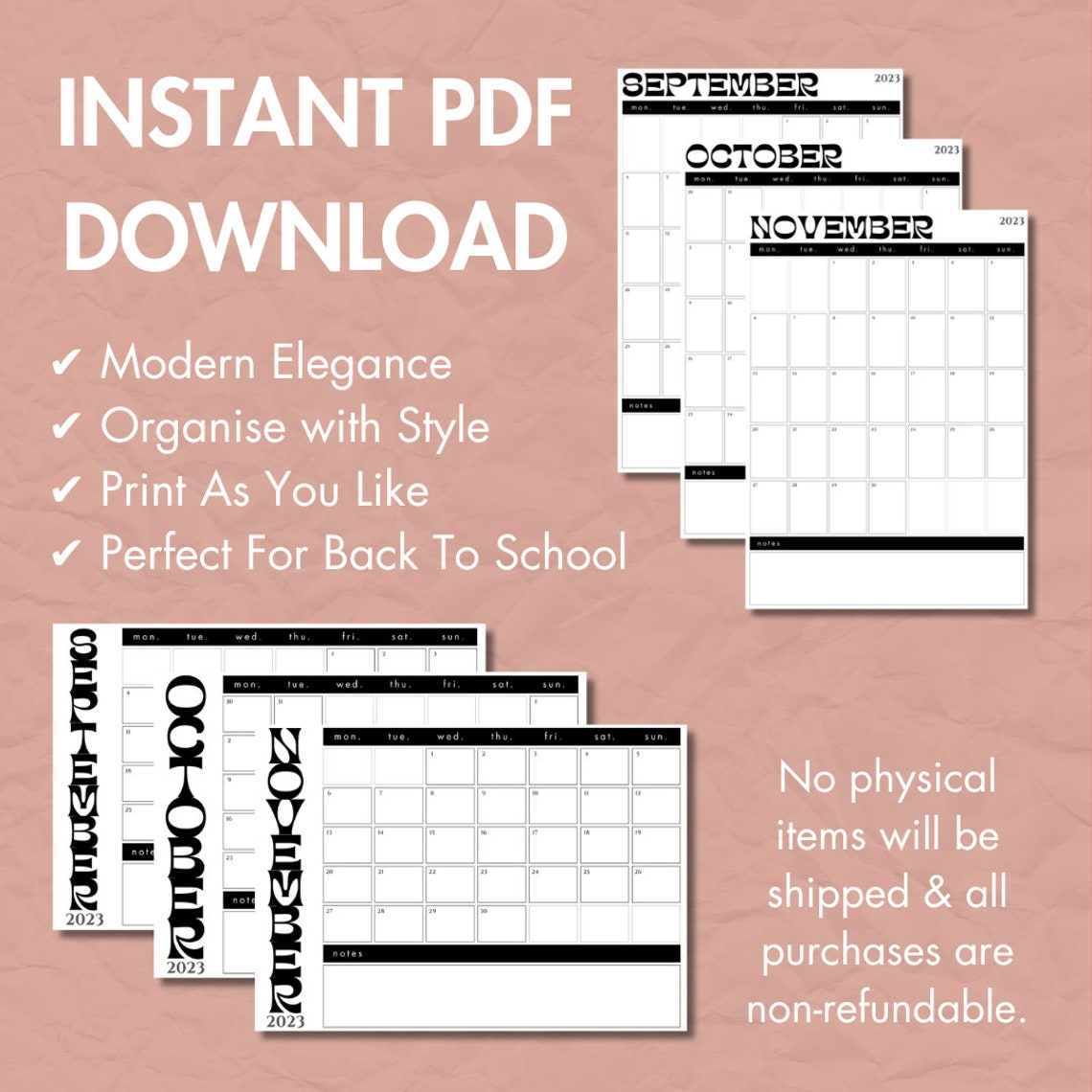 16-month Printable Calendar - Modern Black and White - Instant Download ...