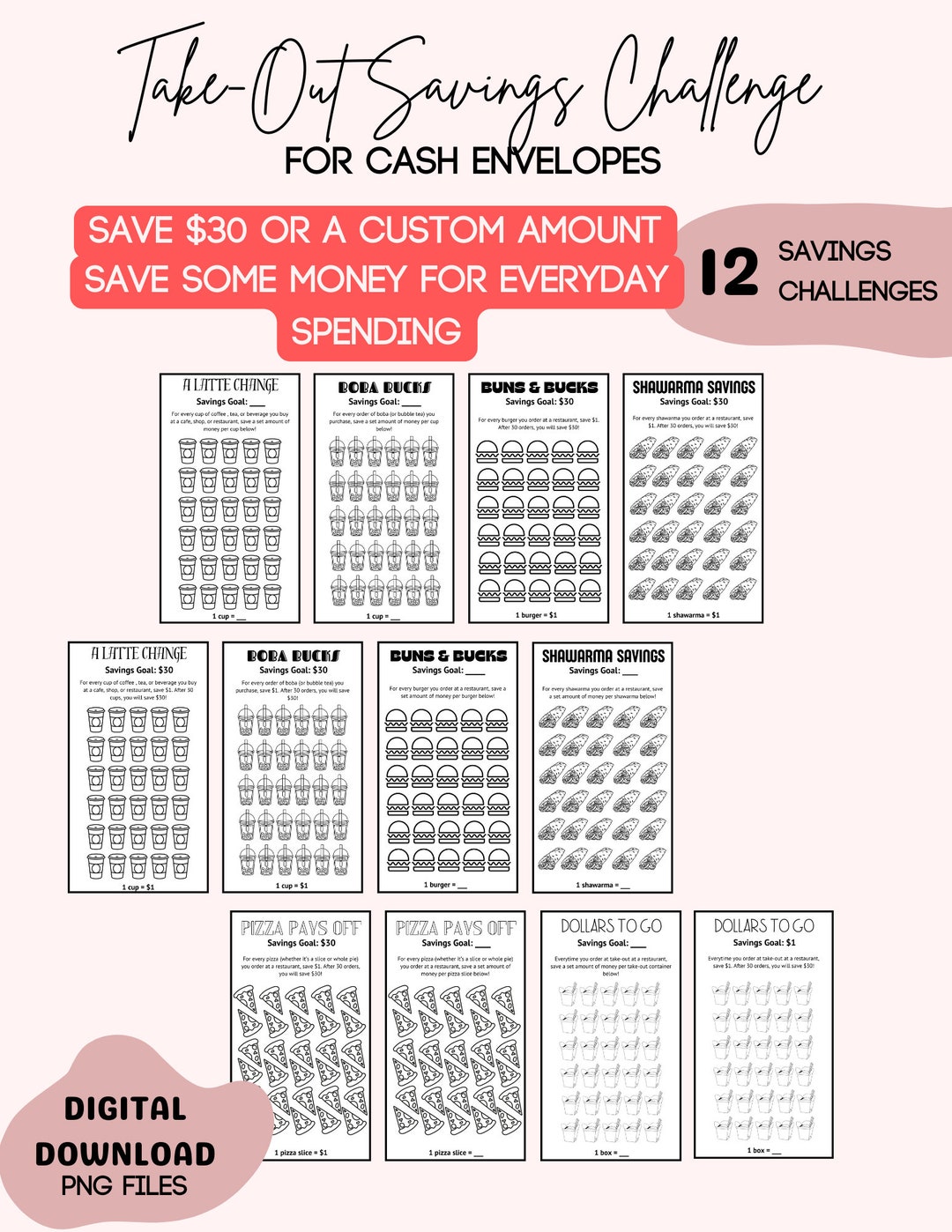 Takeout Low Income Money Savings Challenge for Cash Envelopes - Etsy UK