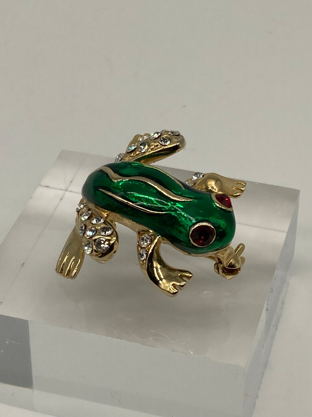 Green Enameled Crystal Frog Brooch Gold Tone Red Eyes 1.25 - Etsy