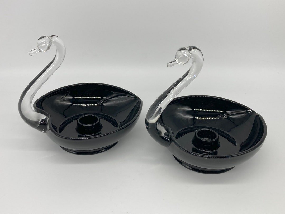 Duncan & Miller Black Art Glass Swan Candle Holders MCM 1940s - Etsy