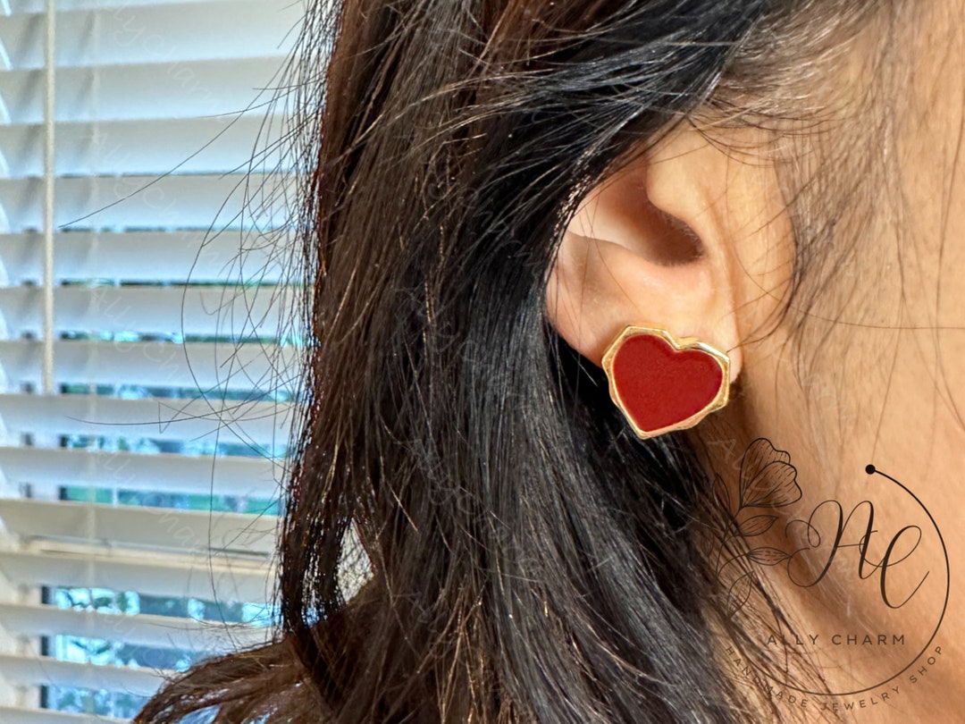Red Heart-shaped Earrings Gold Plated Heart Stud Earring - Etsy