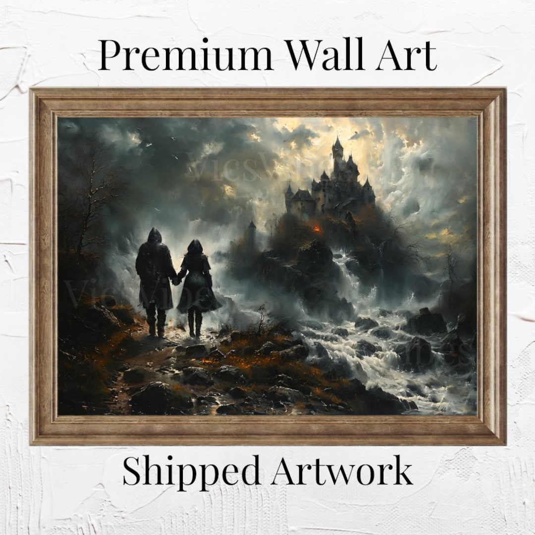 Gothic Castle Wall Art Dark Fantasy Landscape Two Figures Walking Scene ...