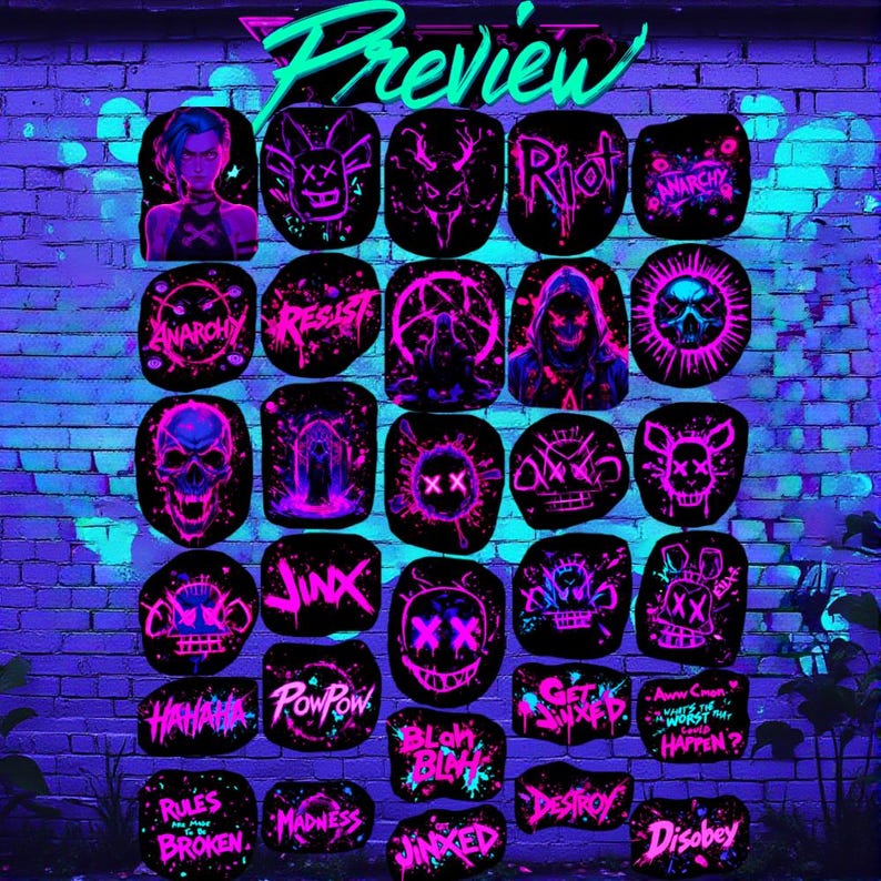 Jinx Neon Graffiti Sticker Pack Arcane Vinyl Stickers Cyberpunk ...