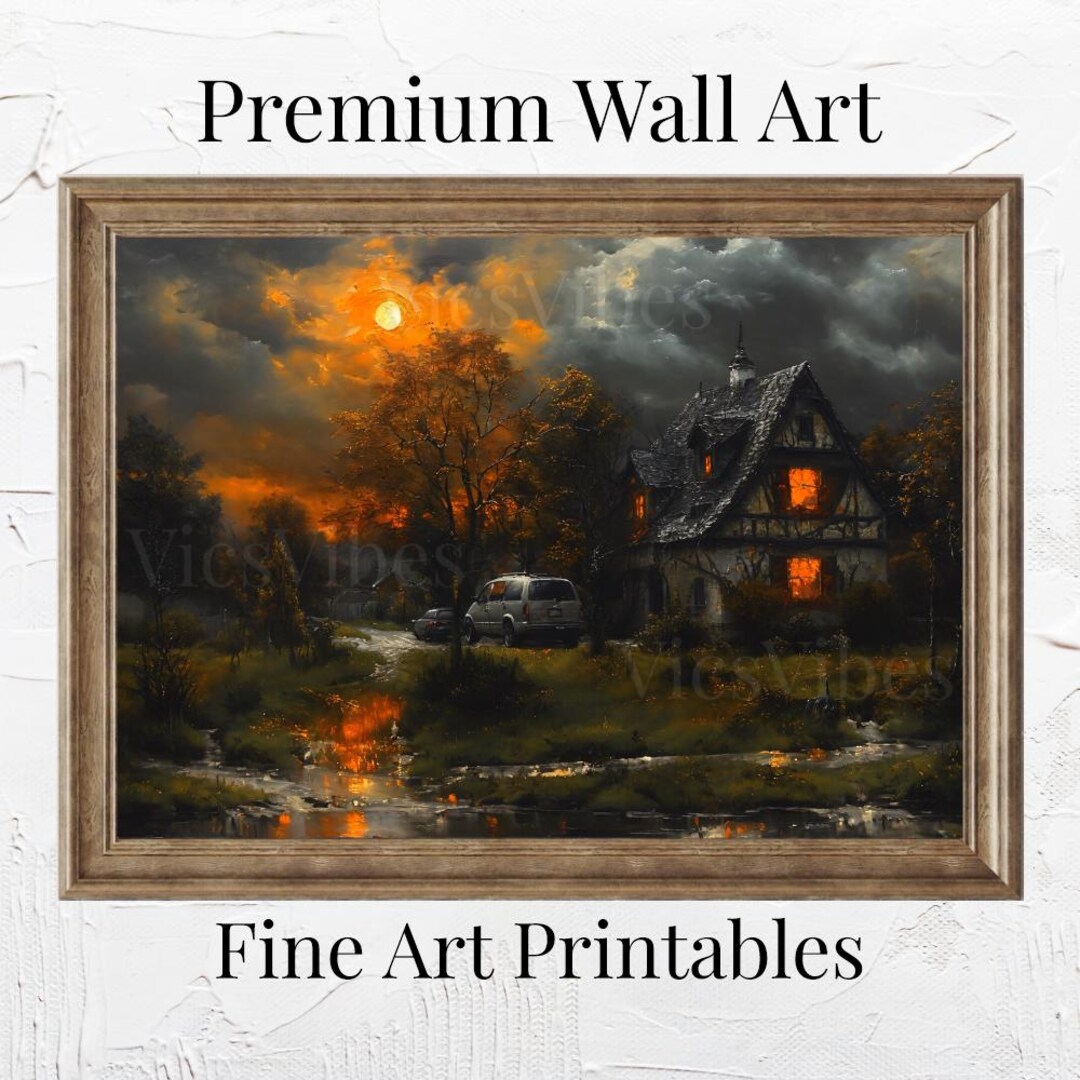 Autumn House Digital Art Eerie Moonlit Landscape Printable Haunted ...