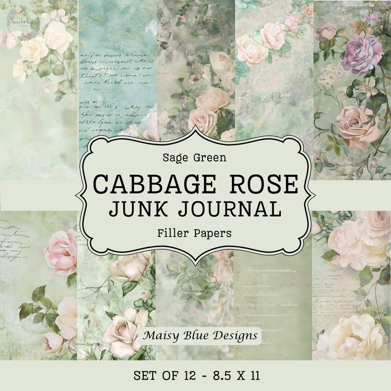 Sage Green Cabbage Rose Junk Journal Filler Papers, Vintage Junk ...