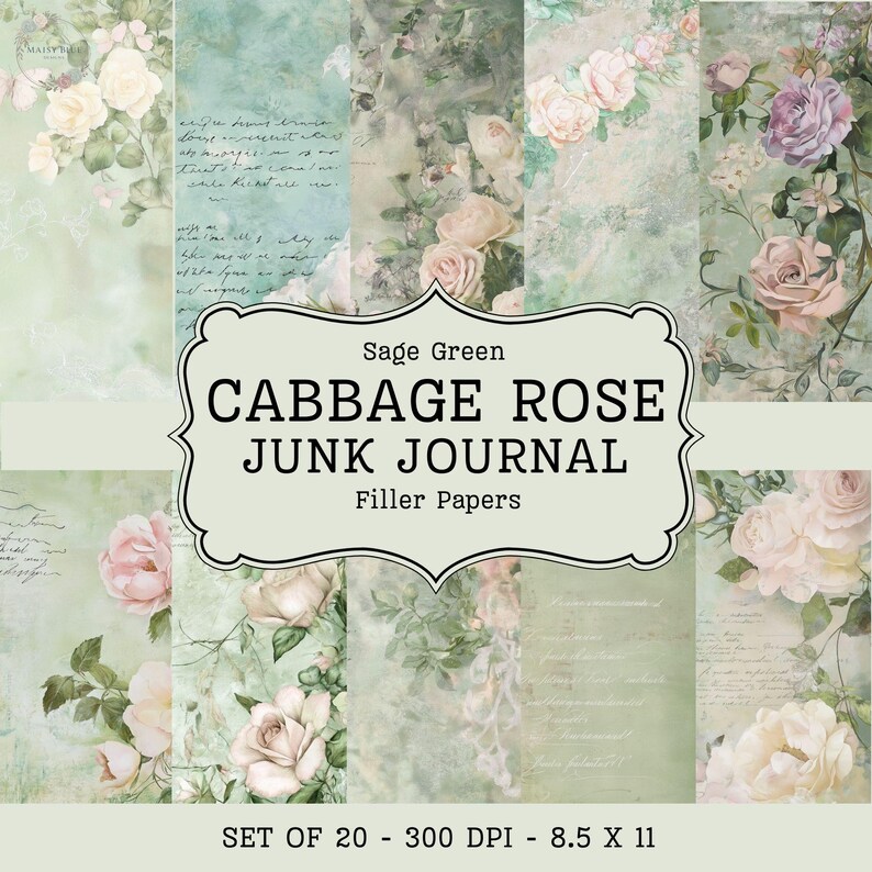 Sage Green Cabbage Rose Junk Journal Filler Papers, Vintage Junk ...