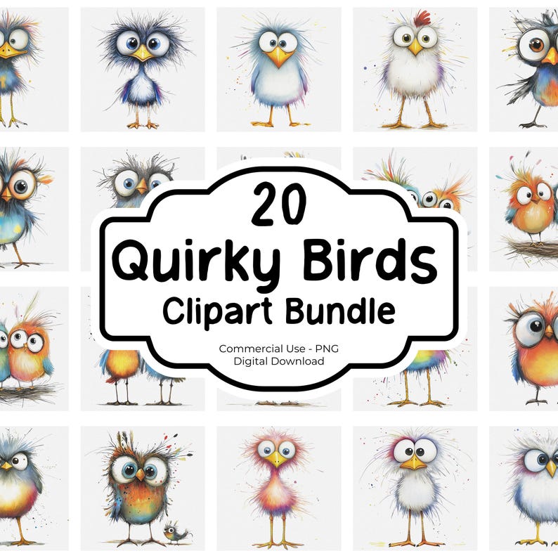 Quirky Birds Clipart Bundle PNG Whimsical Animals Clipart Funny Clip ...