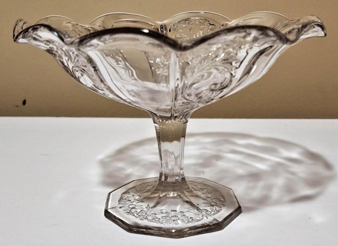 Vintage Pressed Glass Compote Pedestal Dish Bowl Floral Etched Elegant ...