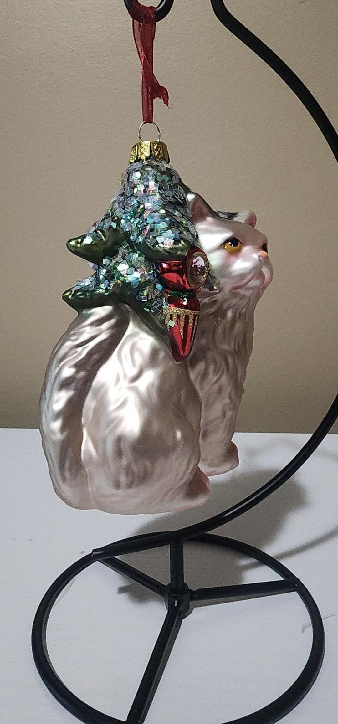 AMC Glass Cat Christmas Ornament Figurine Glitter Collectible Holiday ...