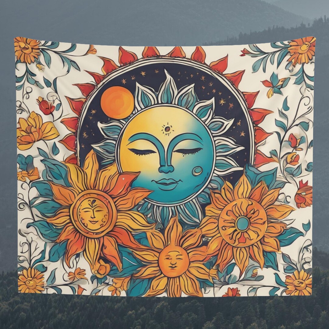 Colorful Sun and Moon Tapestry, Wall Hanging, Floral Background ...
