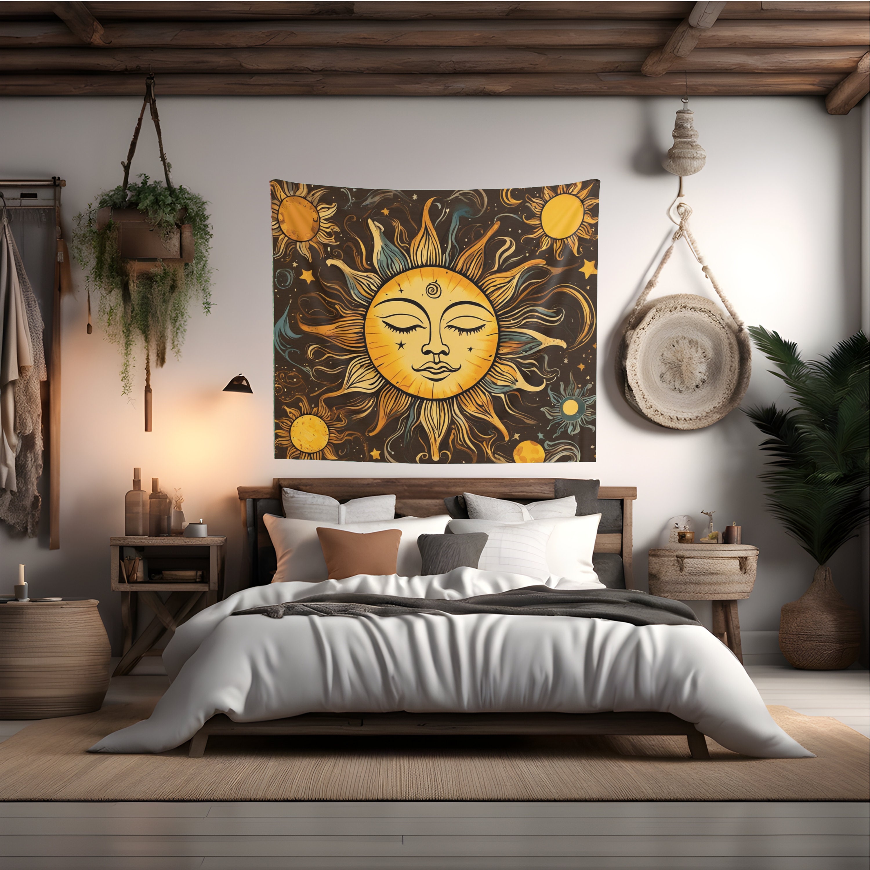 Colorful Sun and Moon Tapestry, Wall Hanging, Floral Background ...