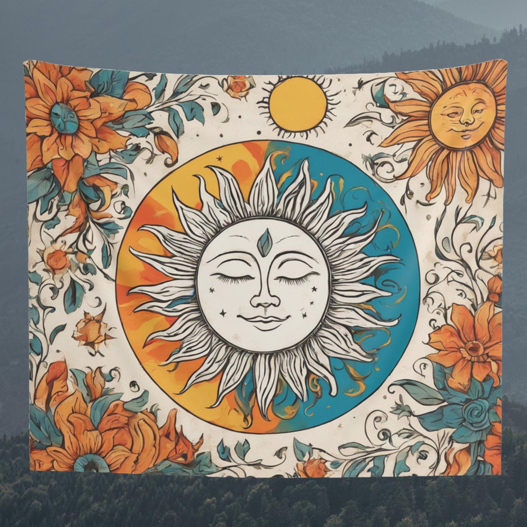 Colorful Sun and Moon Tapestry, Wall Hanging, Floral Background ...