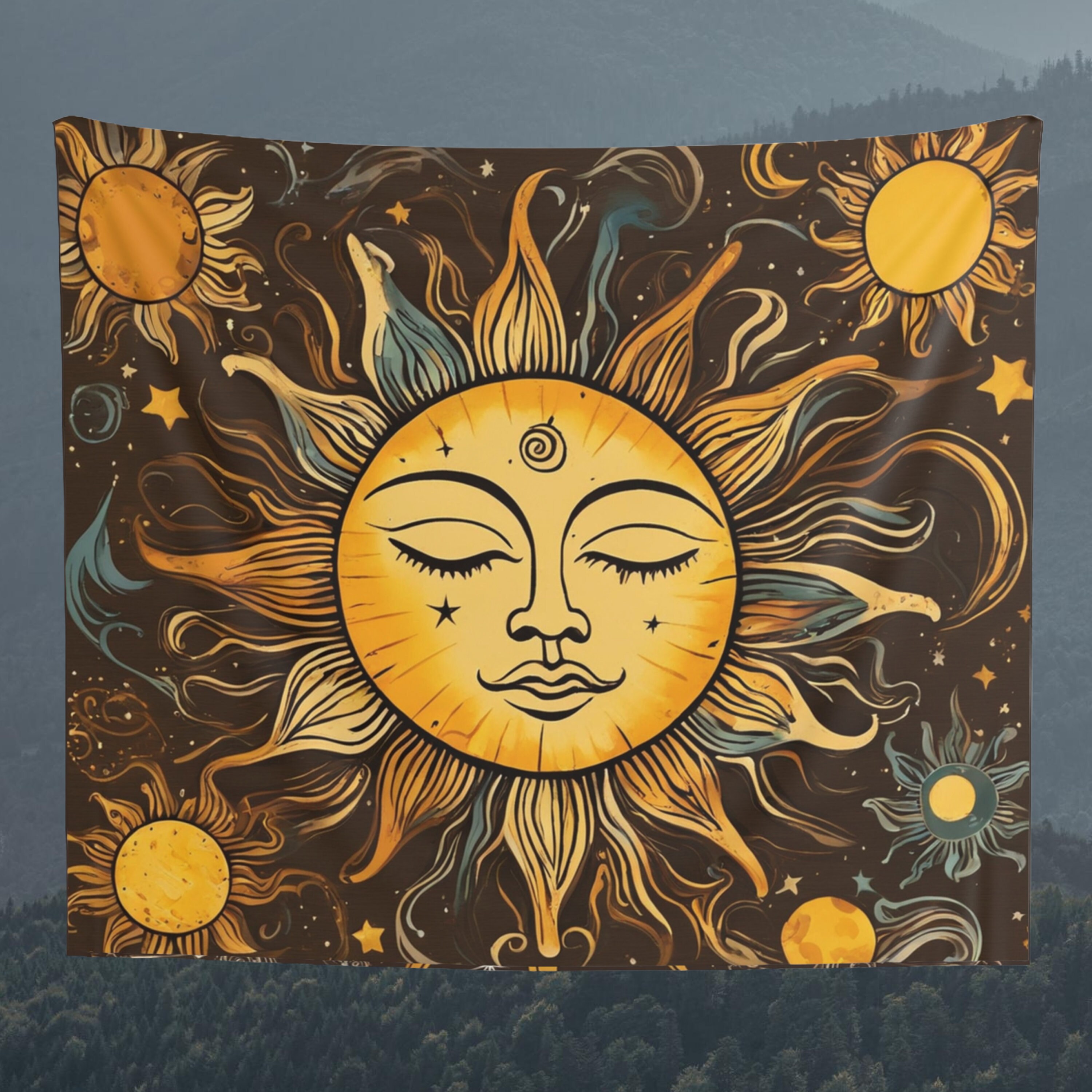 Colorful Sun and Moon Tapestry, Wall Hanging, Floral Background ...