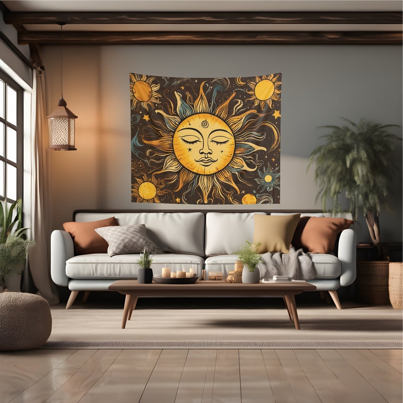 Colorful Sun and Moon Tapestry, Wall Hanging, Floral Background ...
