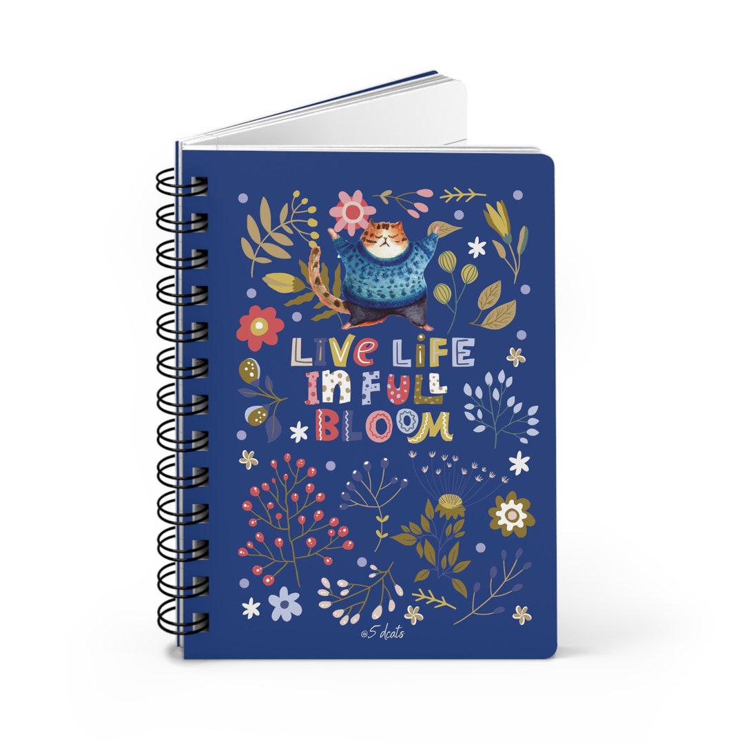 Flowers Bloom Cat Spiral Notebook, Floral Cute Cat Notebook Journal ...