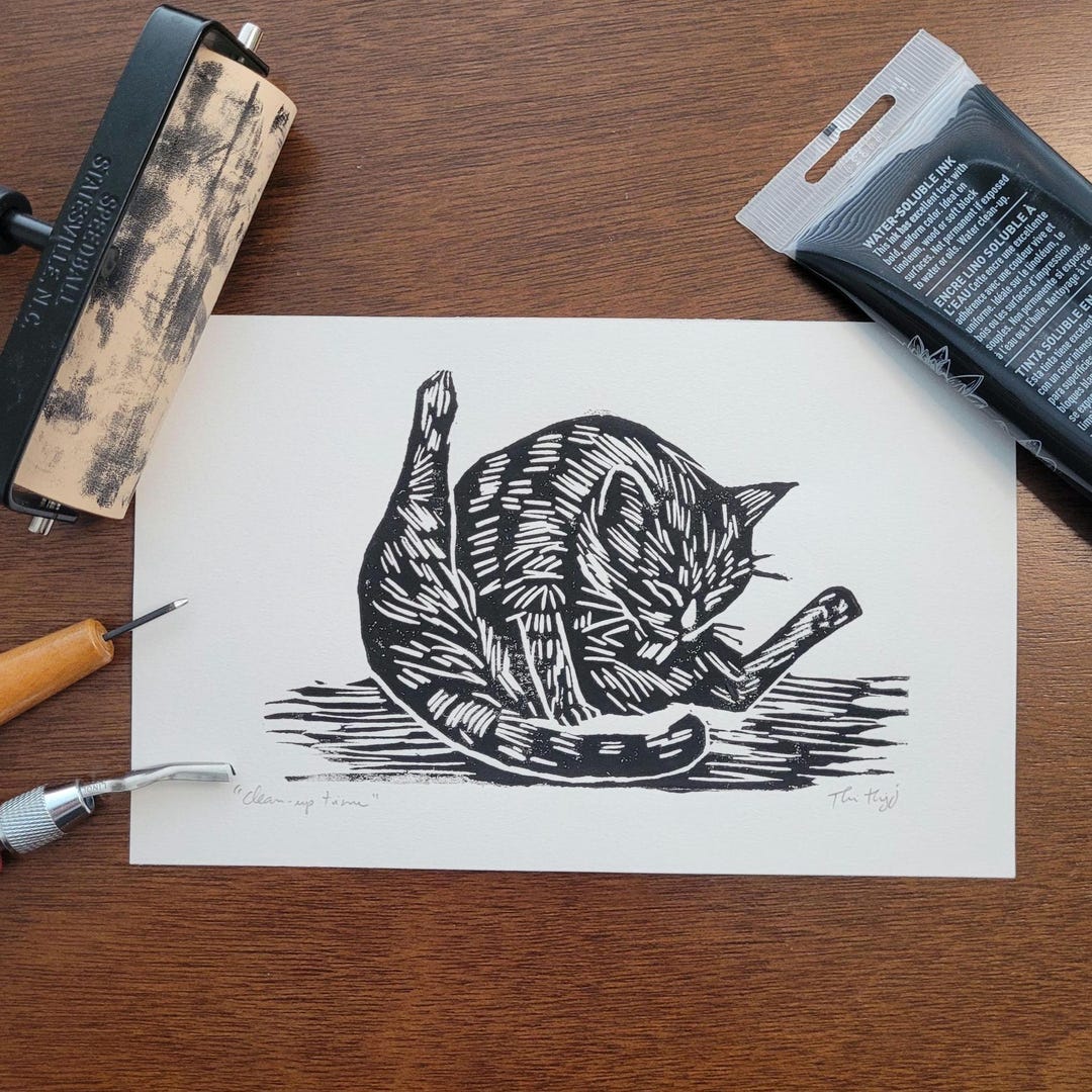 Funny Cat Lino Print: Cat Linocut Animal Art - Etsy
