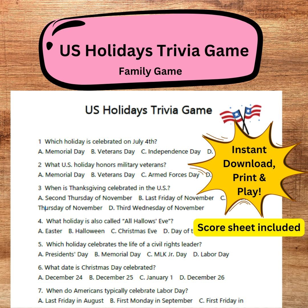 US Holidays Trivia Game Printable Party Game, Instant Download - Etsy