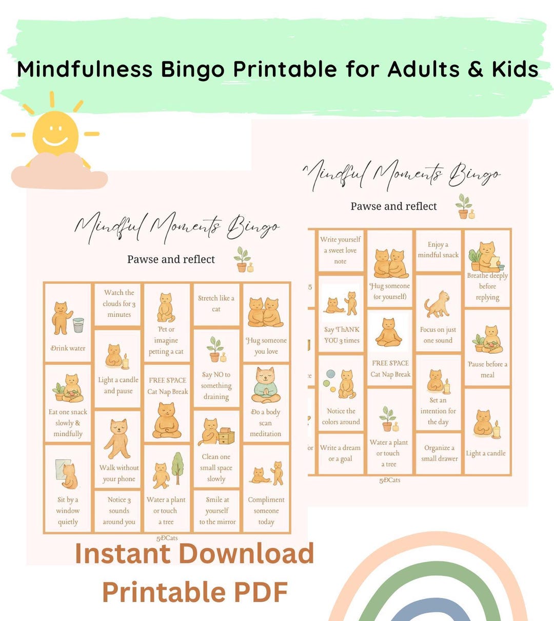 Mindfulness Bingo Printable for Adults & Kids – Cat-themed Self-care ...