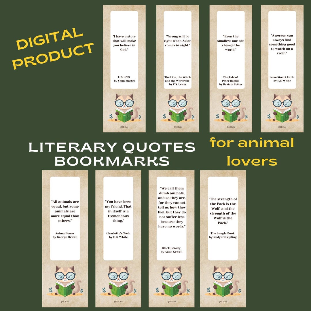 Literary Quotes Bookmarks Printable for Animal Lovers, Instant ...