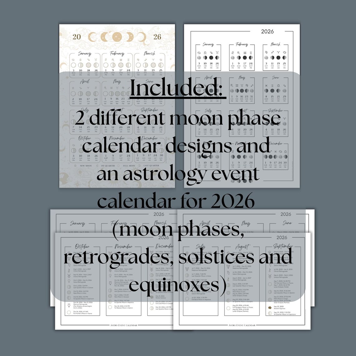 Printable PDF Lunar Calendar, Moon Phase Calendar, Retrogrades, Astro ...