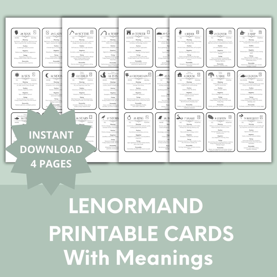 Printable Lenormand Cards for Beginners With Meanings - Etsy