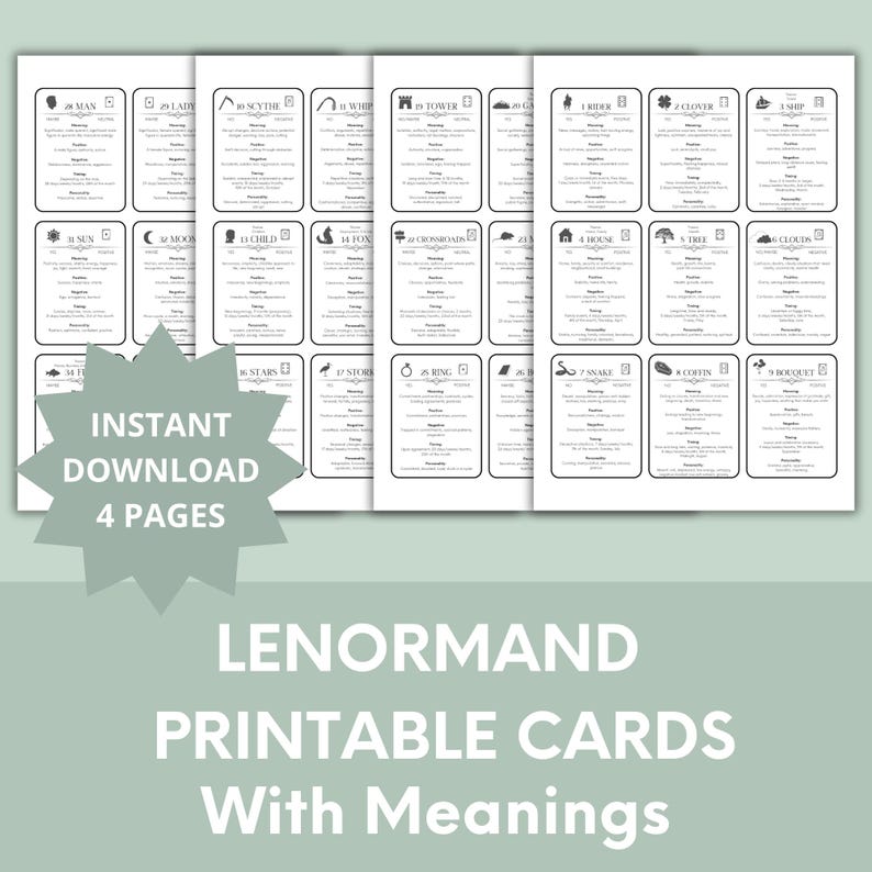 Printable Lenormand Cards for Beginners With Meanings - Etsy