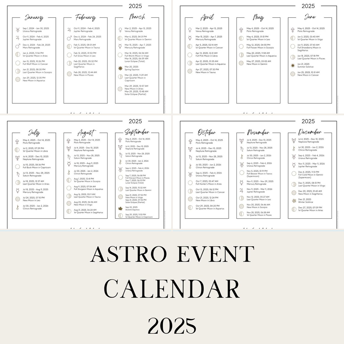 Printable PDF Lunar Calendar, Moon Phase Calendar, Retrogrades, Astro ...