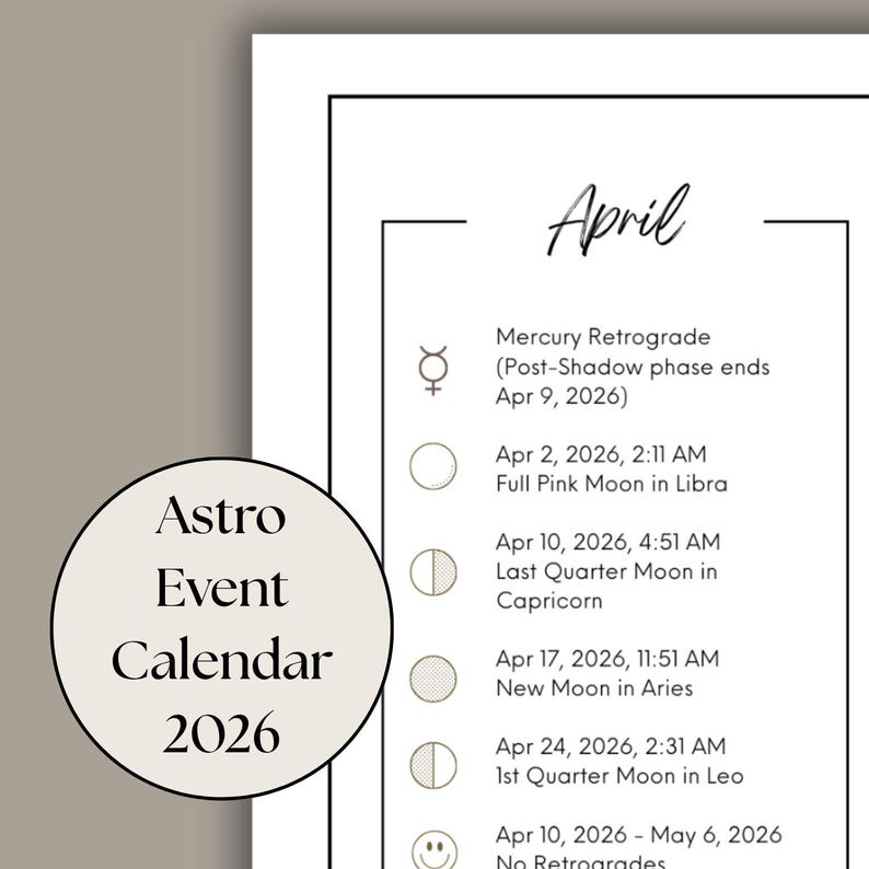 Printable PDF Lunar Calendar, Moon Phase Calendar, Retrogrades, Astro ...
