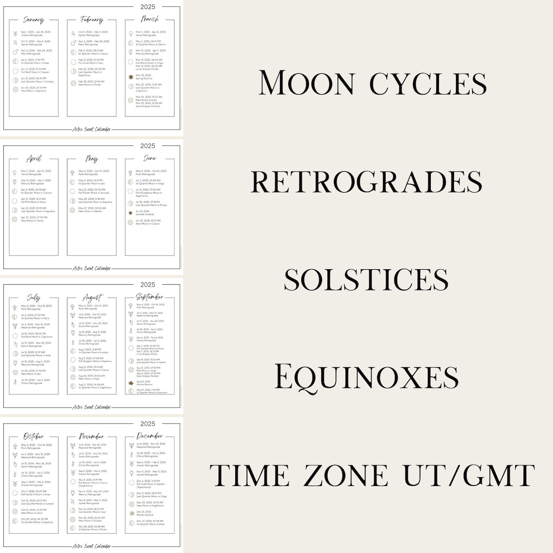 Printable PDF Lunar Calendar, Moon Phase Calendar, Retrogrades, Astro ...
