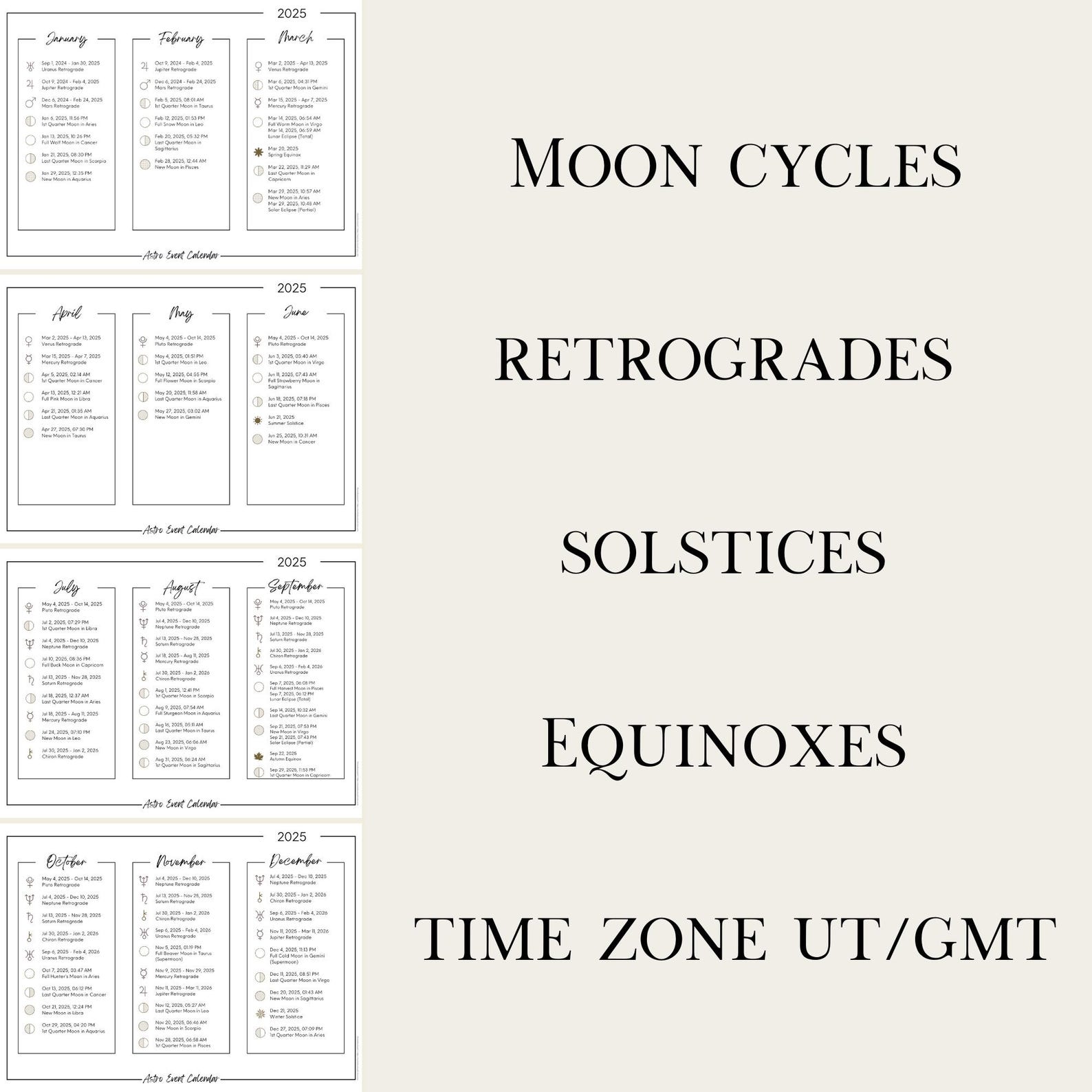 Printable PDF Lunar Calendar, Moon Phase Calendar, Retrogrades, Astro ...