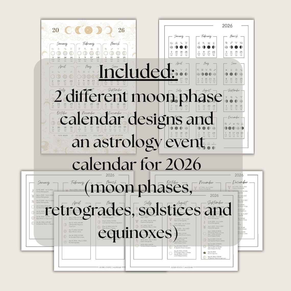Printable PDF Lunar Calendar, Moon Phase Calendar, Retrogrades, Astro ...