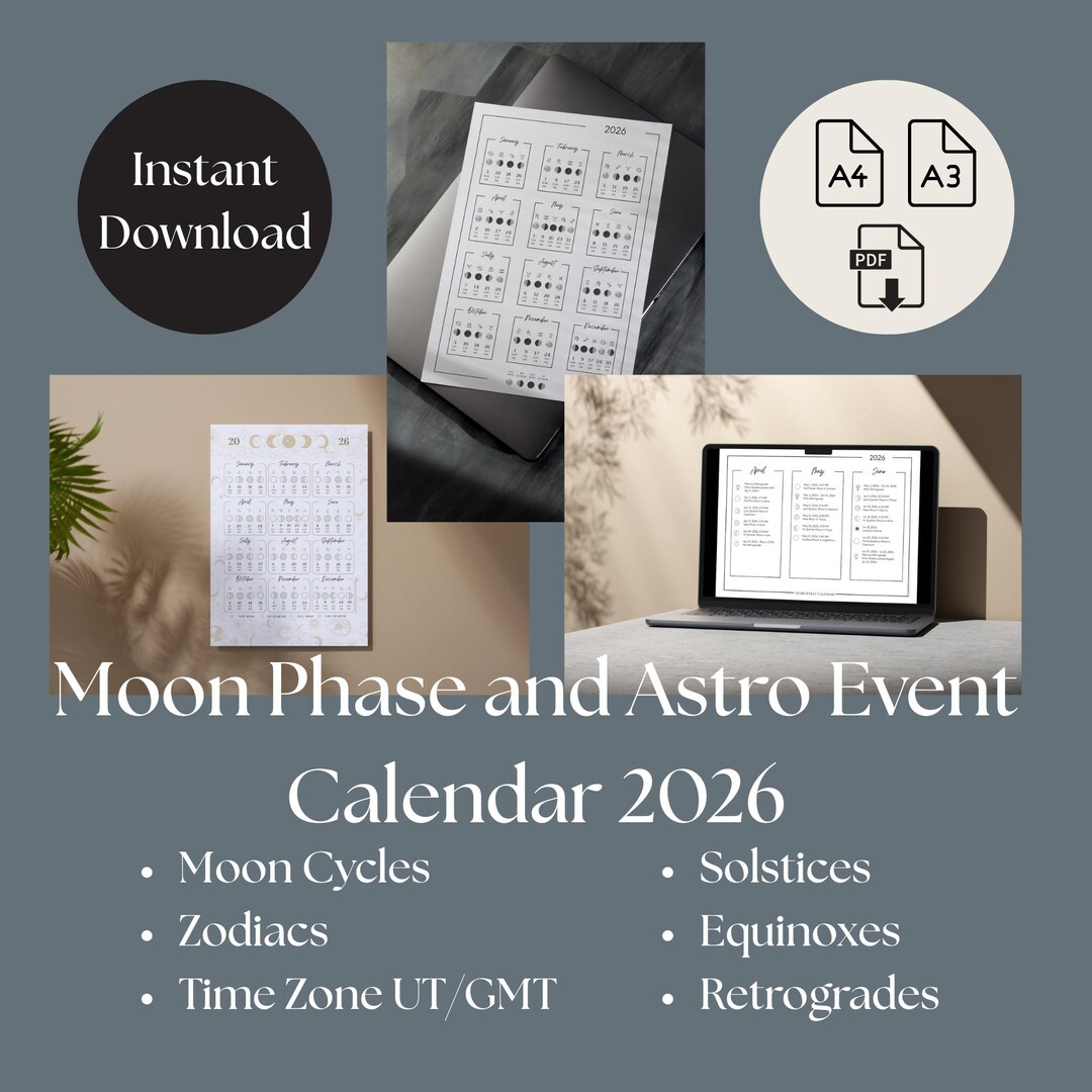 Printable PDF Lunar Calendar, Moon Phase Calendar, Retrogrades, Astro ...