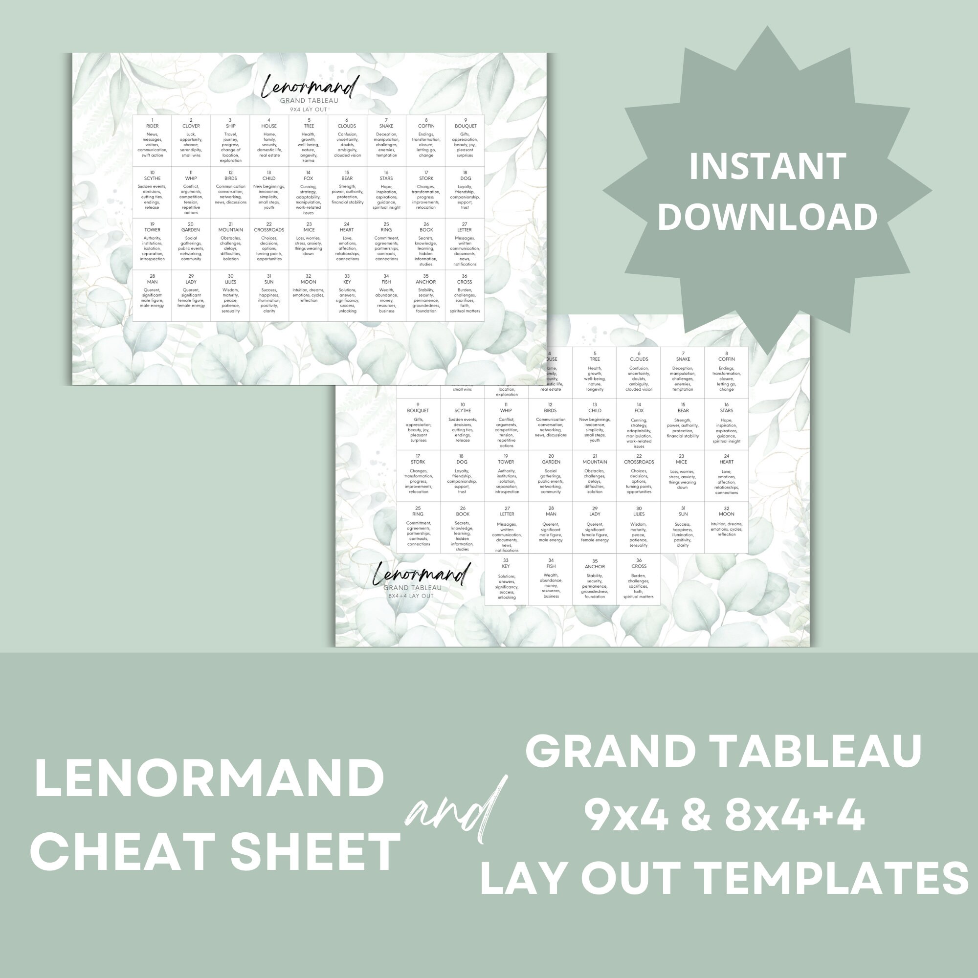 Lenormand Cheat Sheet and Grand Tableau 9x4 and 8x44 Lay Out Templates ...