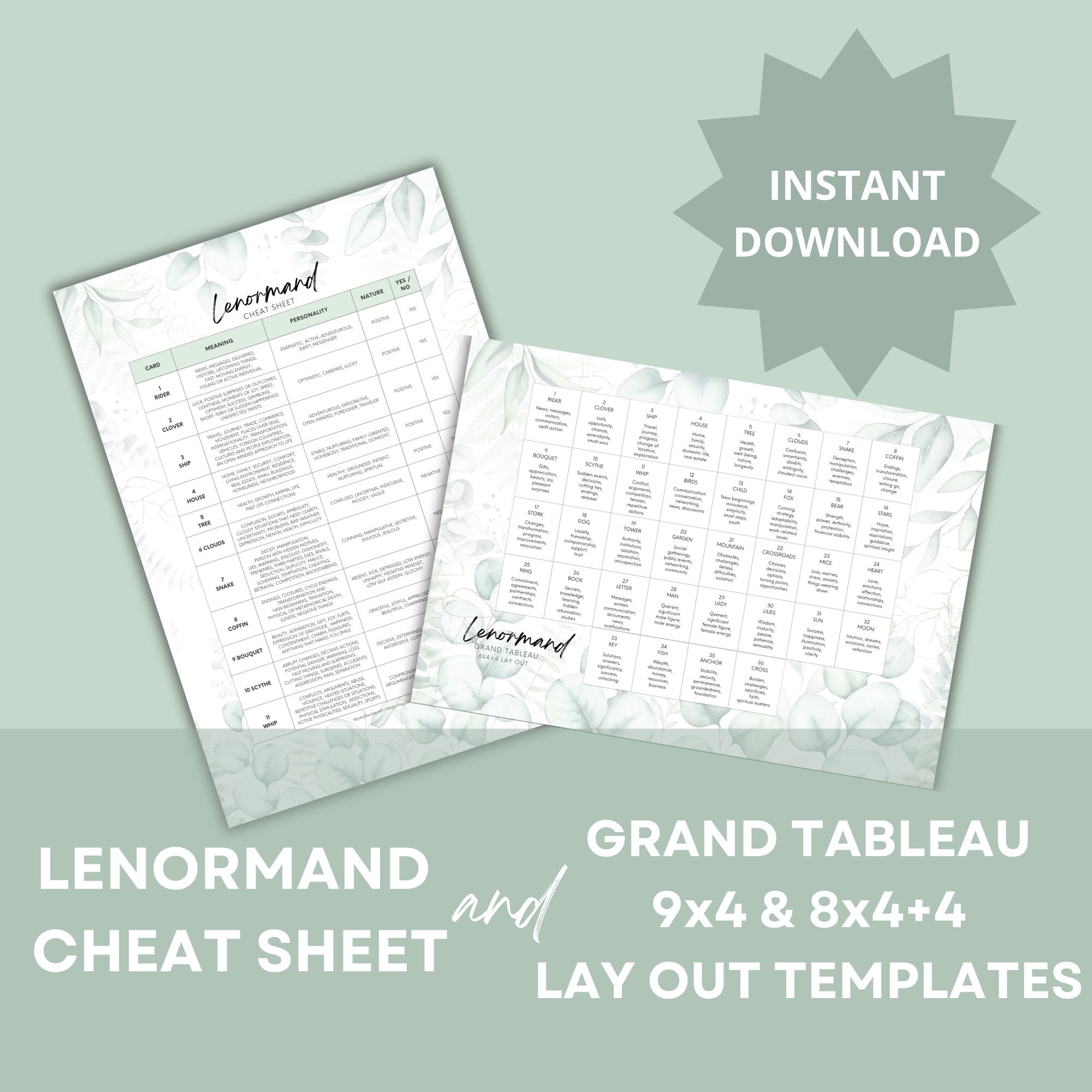 Lenormand Cheat Sheet and Grand Tableau 9x4 and 8x44 Lay Out Templates ...