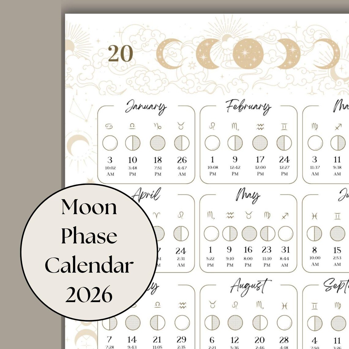 Printable PDF Lunar Calendar, Moon Phase Calendar, Retrogrades, Astro ...