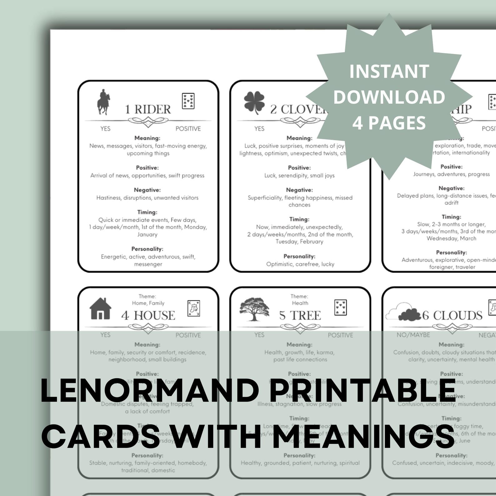 Printable Lenormand Cards for Beginners With Meanings - Etsy