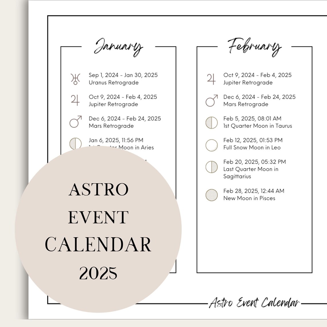Printable PDF Lunar Calendar, Moon Phase Calendar, Retrogrades, Astro ...