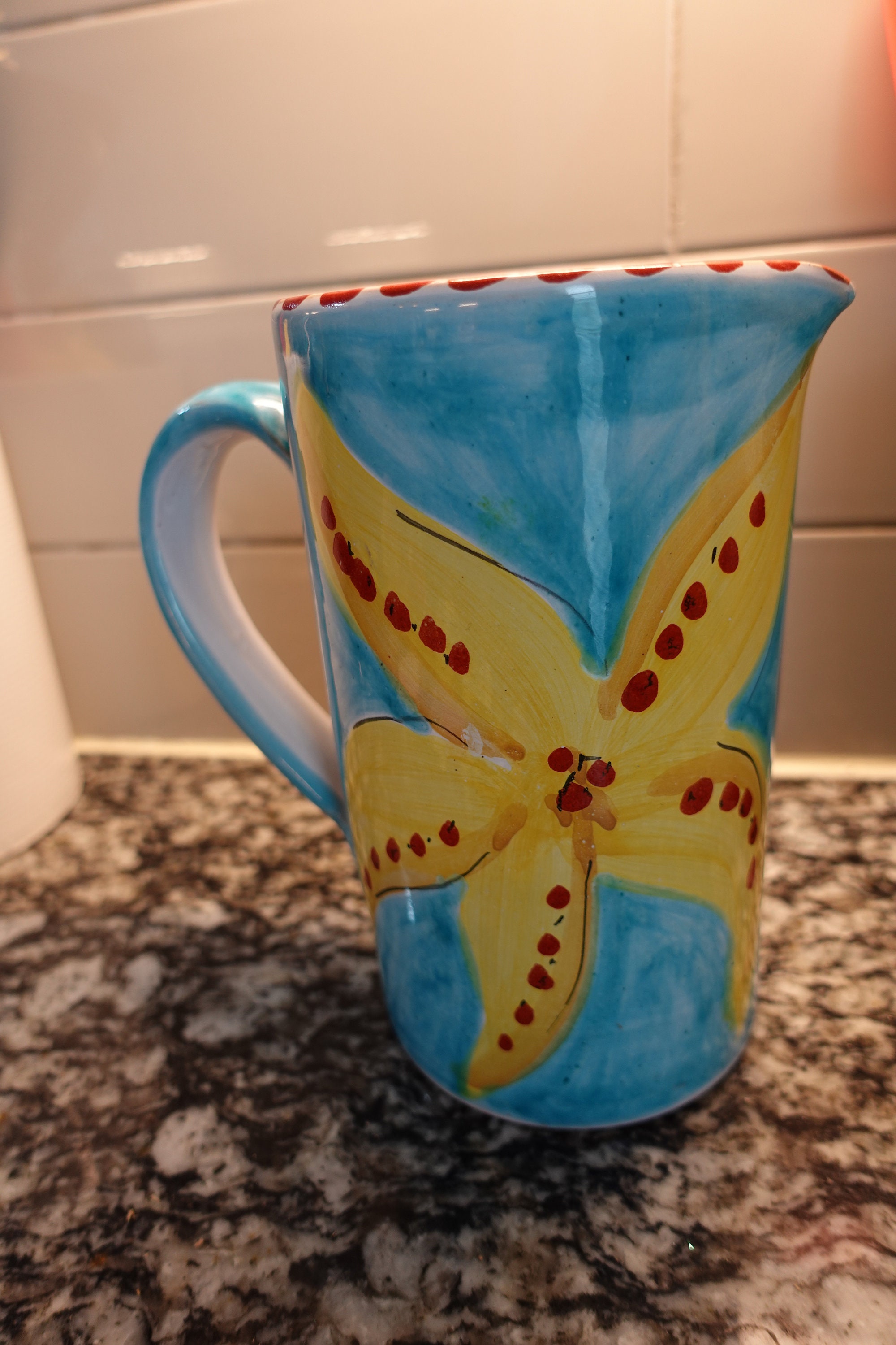 Ceramic Tall Pitcher With Starfish and Sea Animals in Aqua Blue Color ...